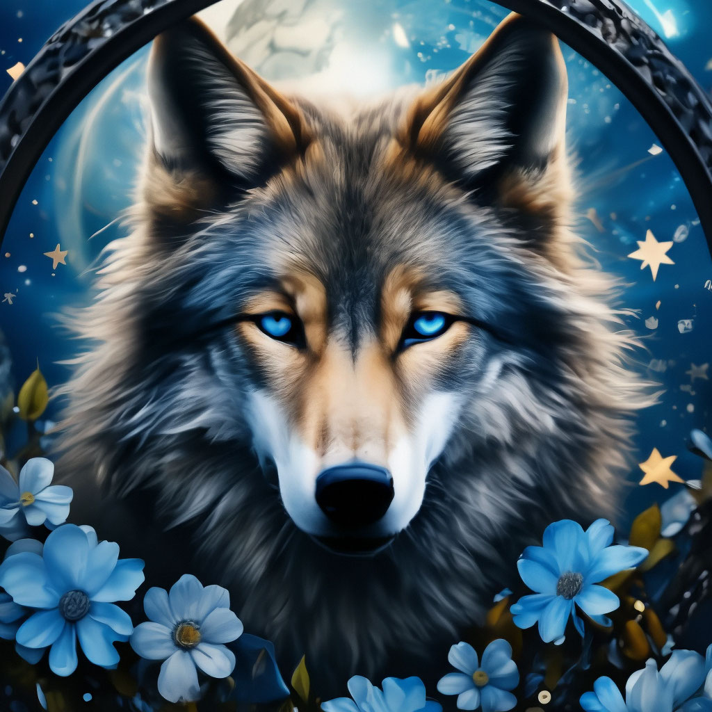 "©Helen Wolf Beautiful, floral moonwolf in a blue starry sky in a ring ...