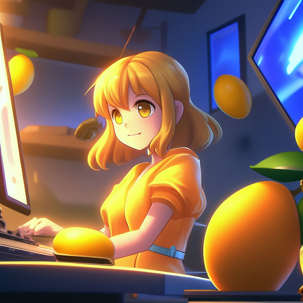 "Mango fruit at the computer. Anime style, epic lighting" — image ...