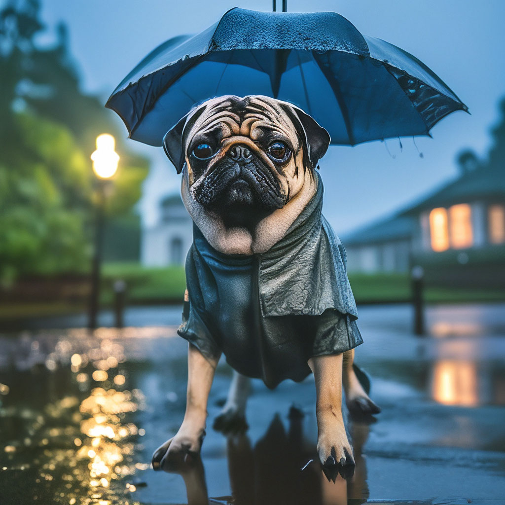 "A pug stands in the rain in the rainbox toon" — image created in Shedevrum