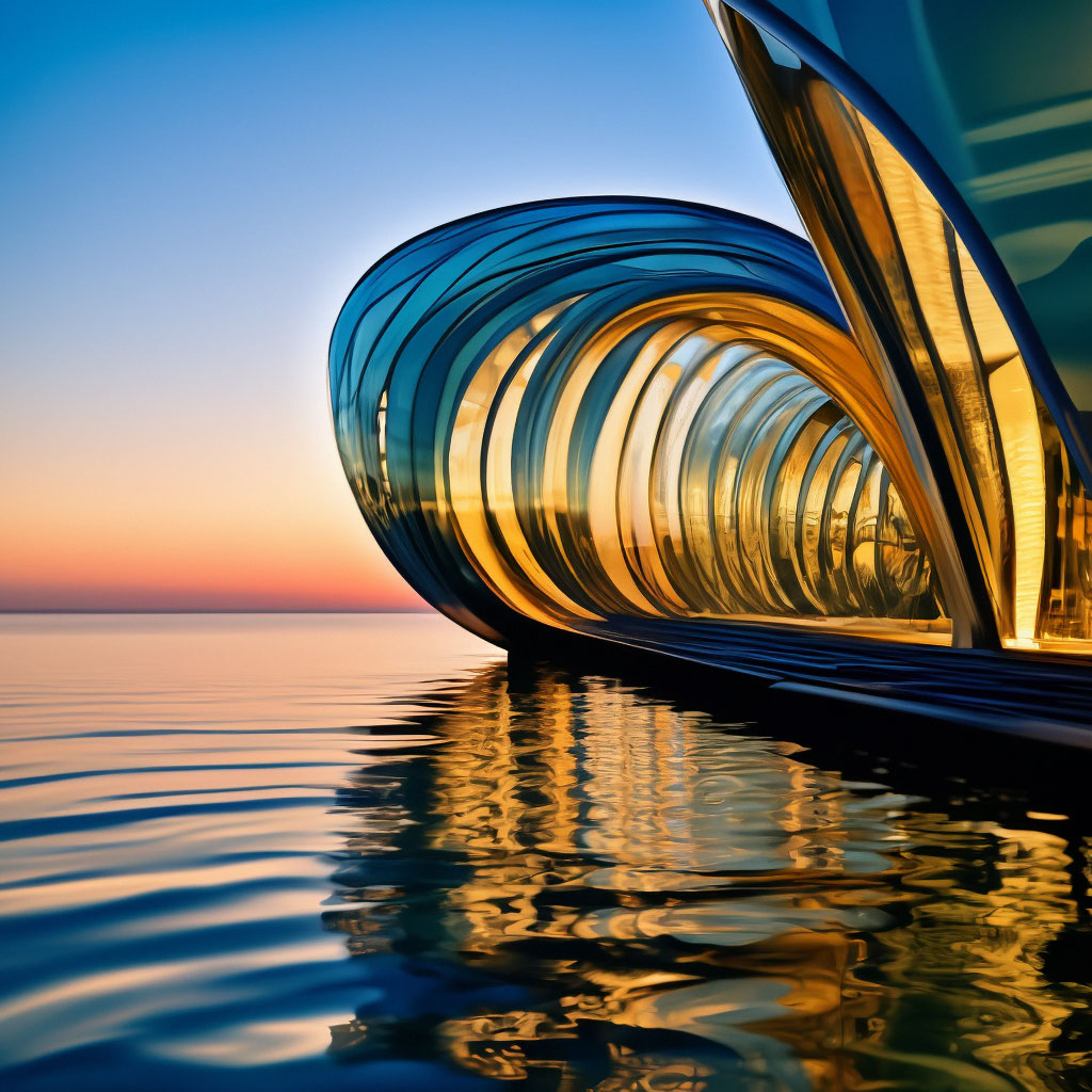 "💫 building in the sea, glass-metal, soft reflection of the sun, soft ...