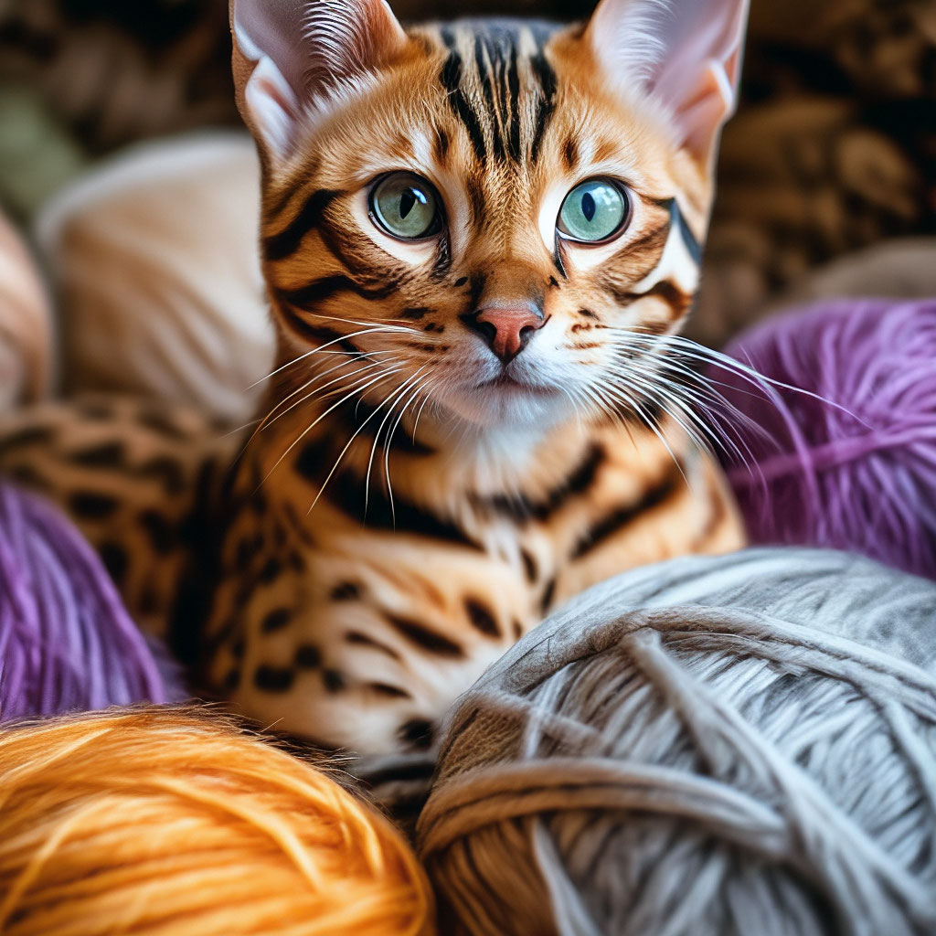 "Bengal cat in balls and threads of wool yarn, aesthetically pleasing ...