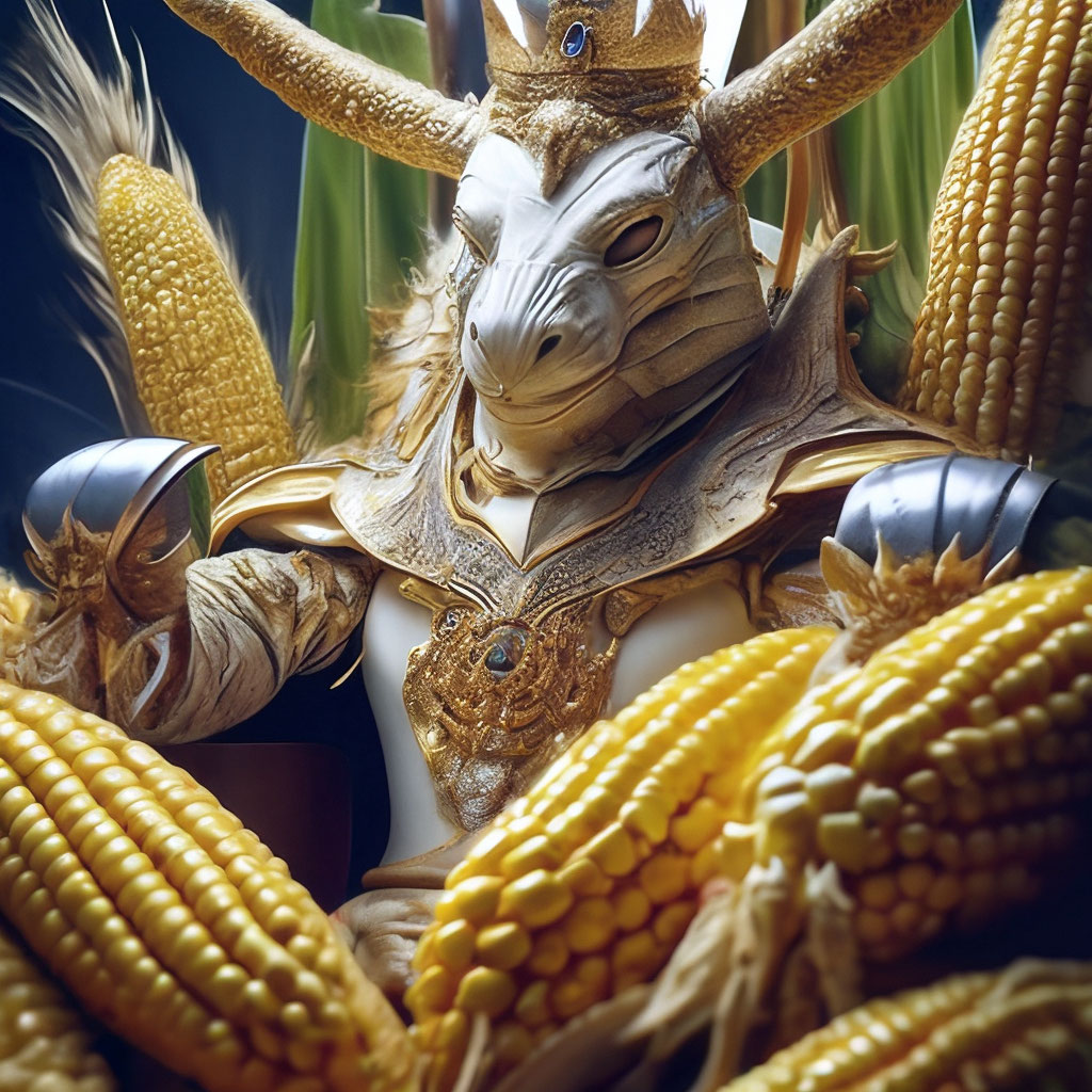"The Locust King in a Crown and with a weapon on a throne made of corn ...