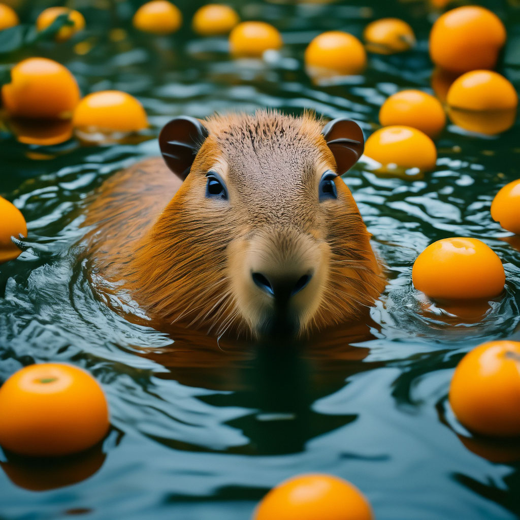 "A capybara swims in a pond, surrounded by oranges" — image created in ...