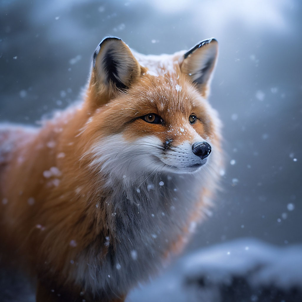 "Hyper realism beautiful Kitsune' 'haze' snowflakes 'gently 'bleak ...