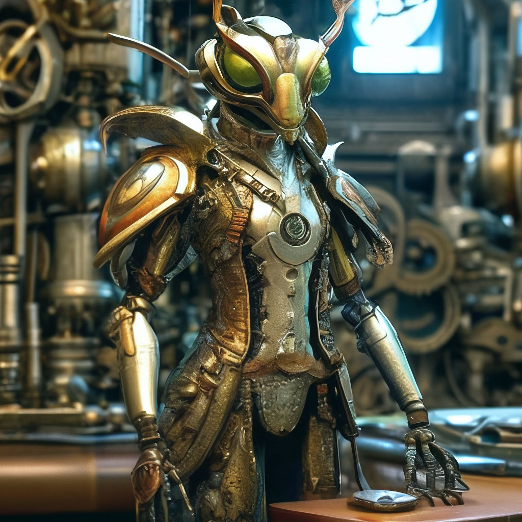 "Full-length photo, mechanical theme, anthropomorphic mantis inventor ...