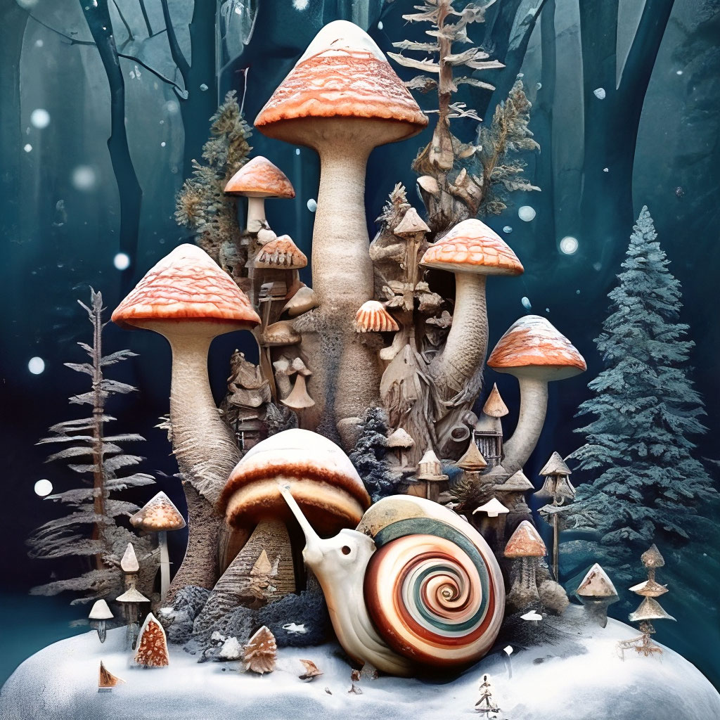 "⚡Christmas tree made of snails and mushrooms in the winter forest full ...