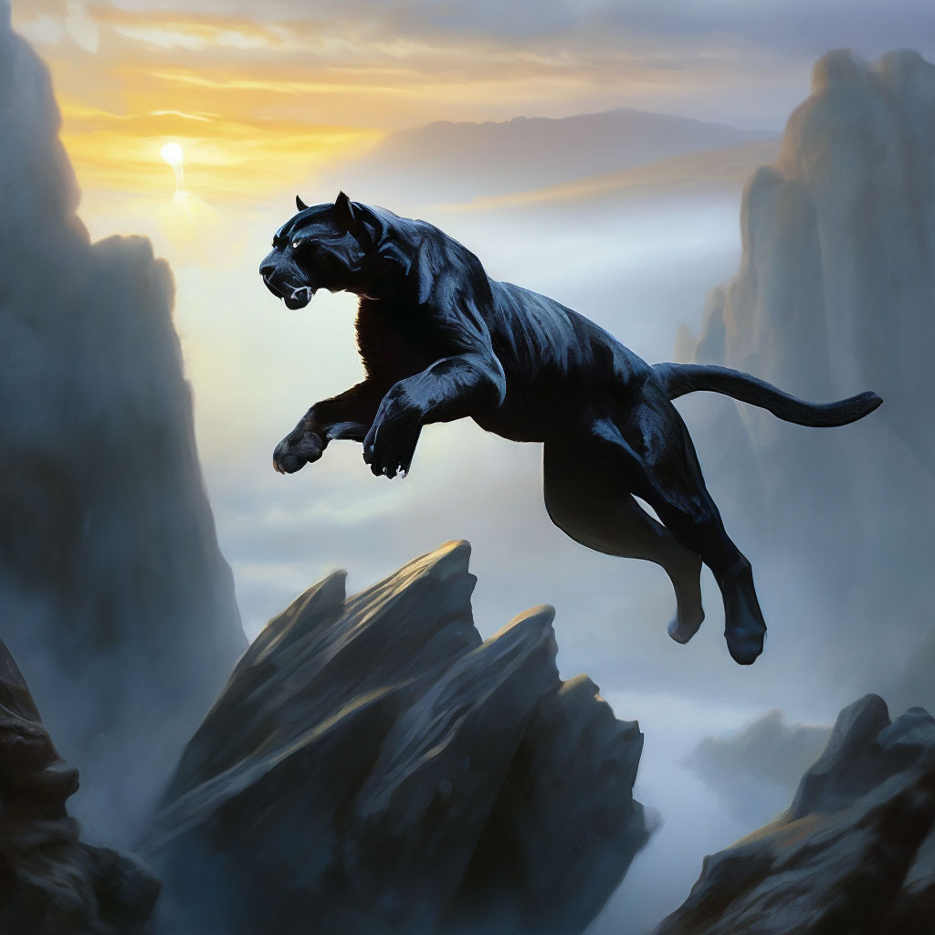 "A powerful graceful panther jumps on the rocks at dawn" — image ...