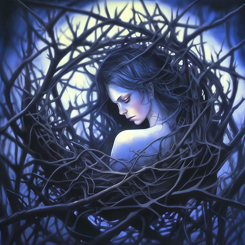 "Bright glowing soul entangled in a thorn, sharp thorns, moonlight ...
