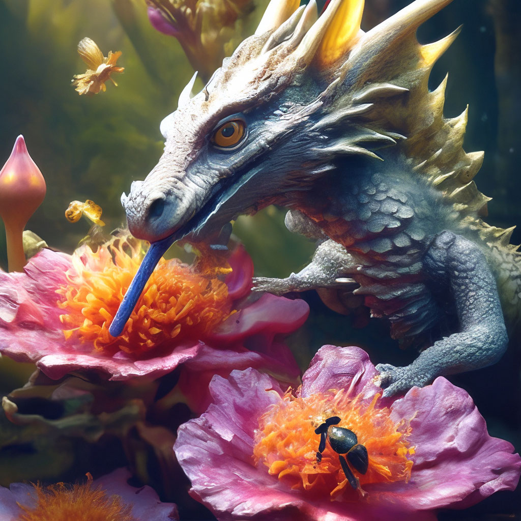 "Cute dragon + bee a beautiful intricate symbiosis drinks nectar from a ...