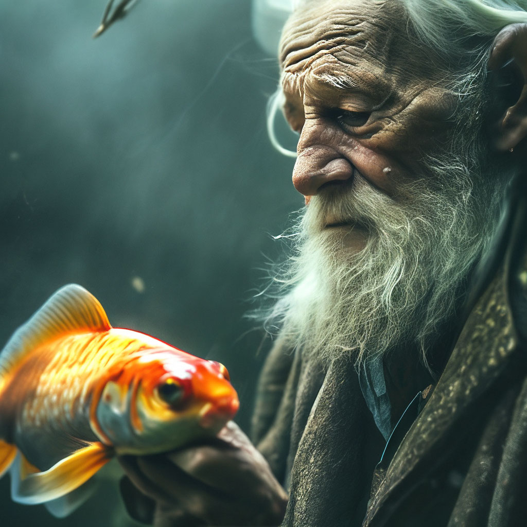 "Goldfish and the old man" — image created in Shedevrum