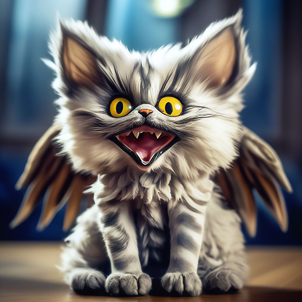"Creepy fluffy funny bug-eyed cat with wings, sitting, detailed ...