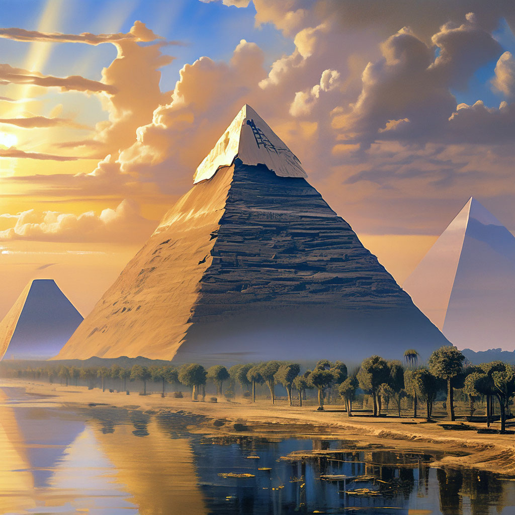 "The great three pyramids of Giza, the Nile River, expanse, clouds in ...