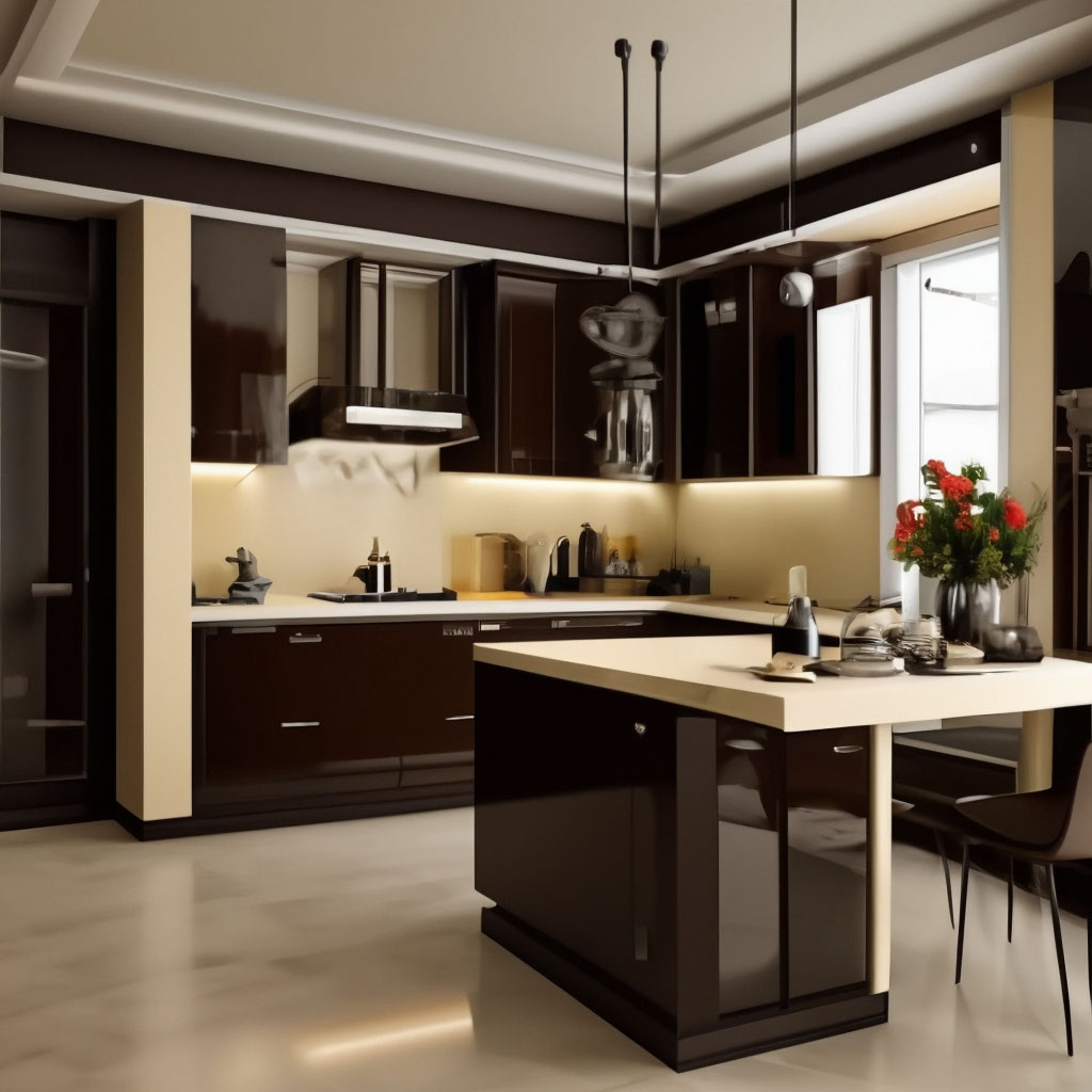 "Kitchen in a combination of bright colors dark chocolate mixed with ...
