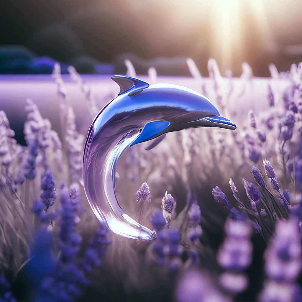 "A transparent crystal dolphin emerging from the vortex of a lavender ...
