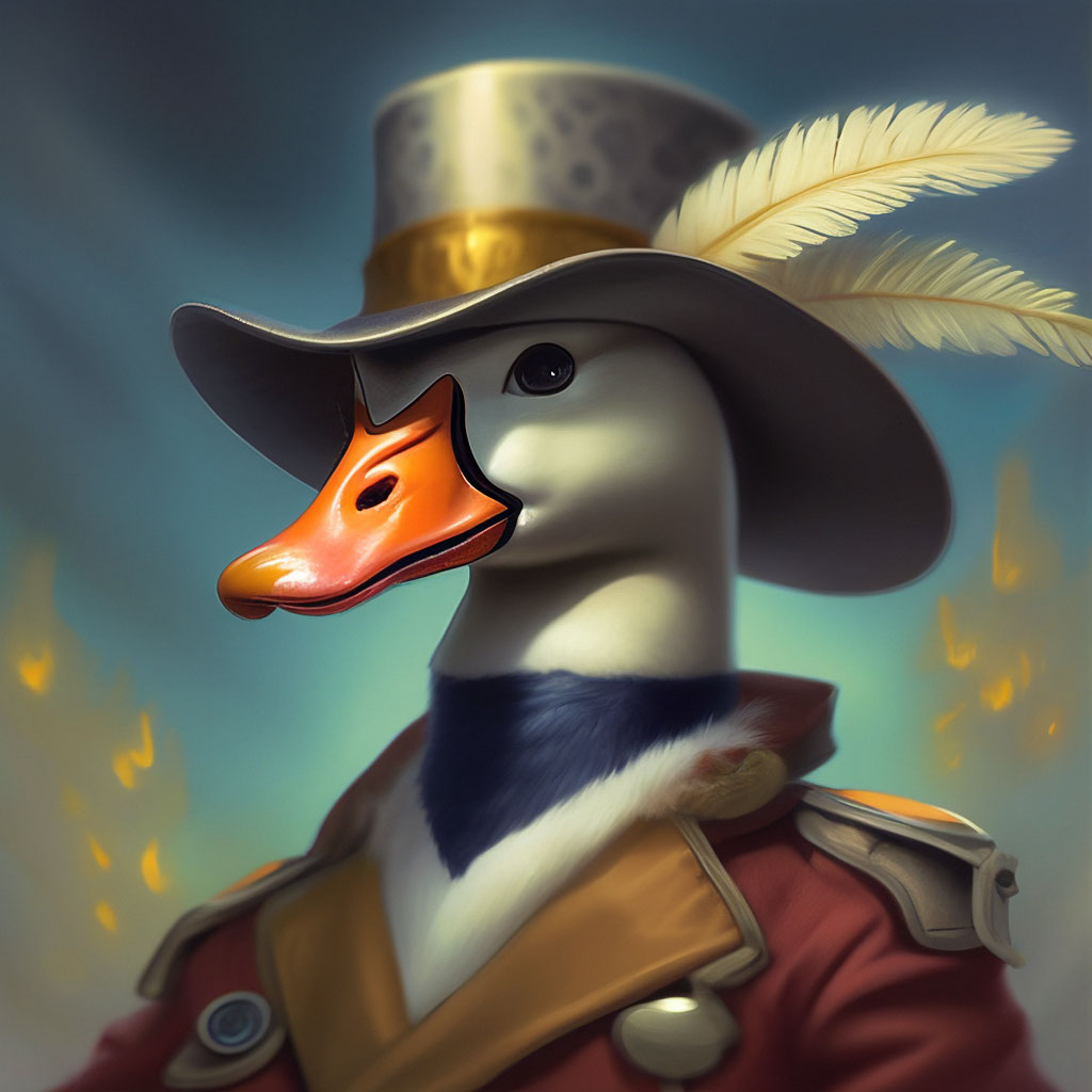 "Goose bandit with a gun and a hat with a feather" — image created in ...