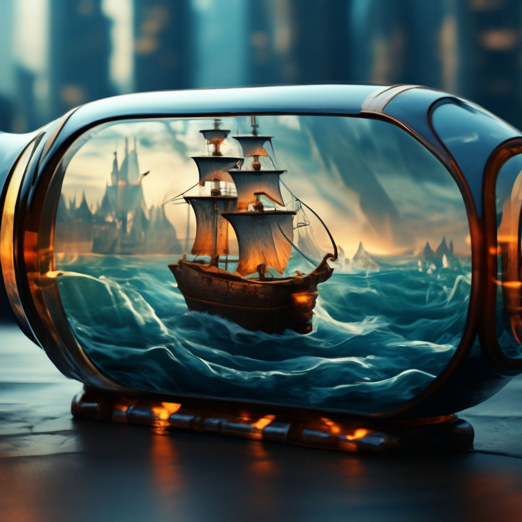 "Sea and ship in a horizontal wine bottle, pirate ship, view from afar ...
