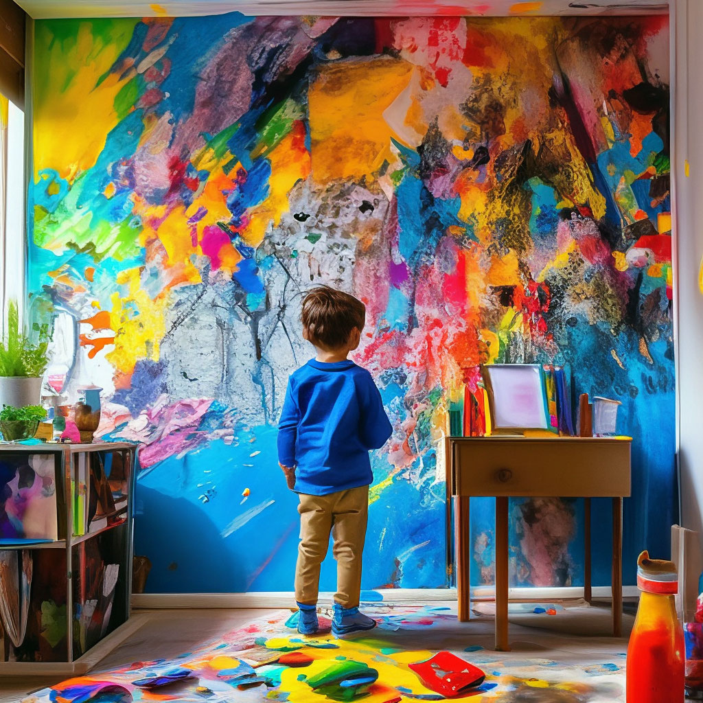 "Apartment,there is a boy standing by the wall all in paint, the ...