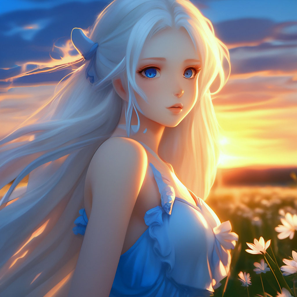 "Anime albino girl, with long white hair, big kind blue eyes, in a blue ...