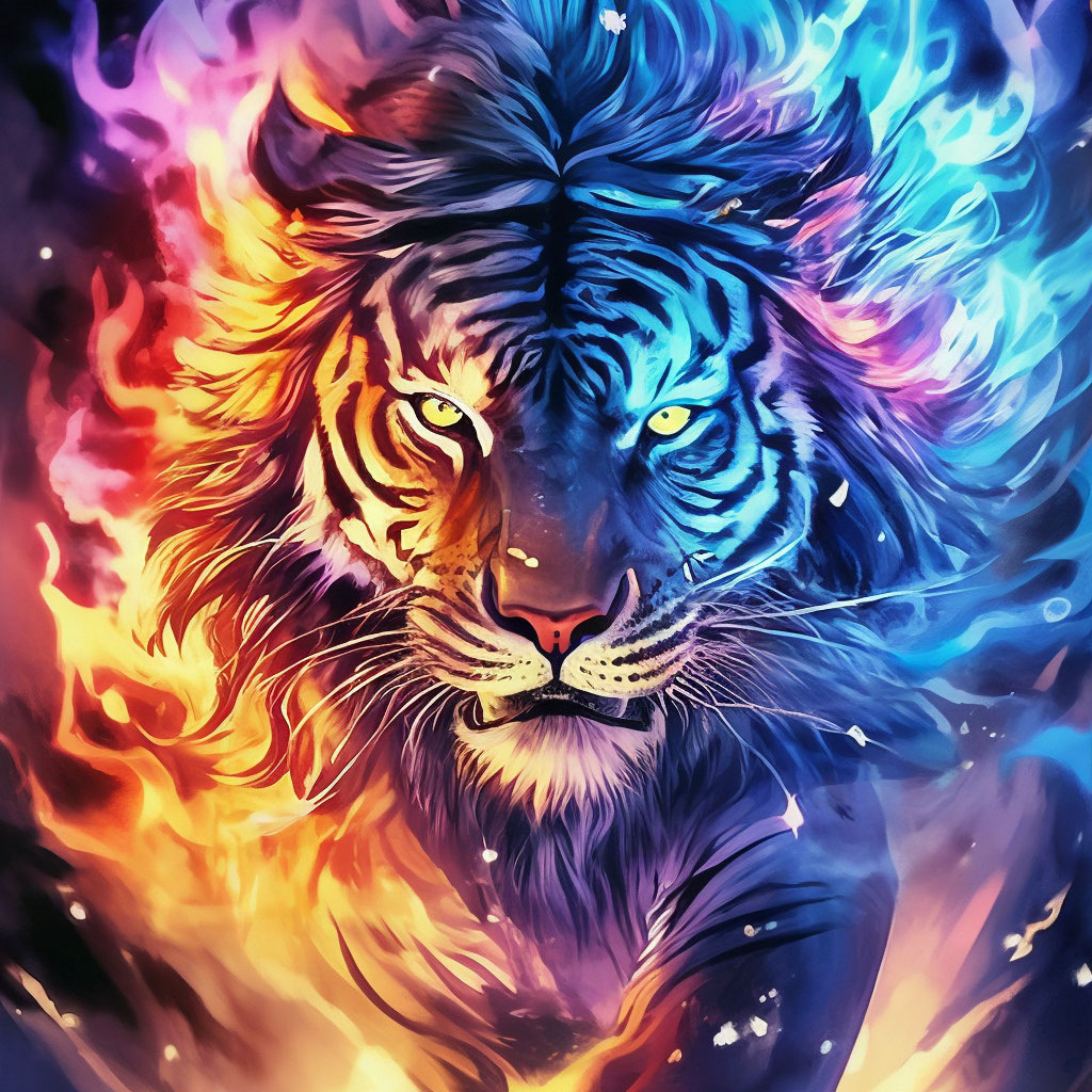 "Rainbow ghost tiger+lion, lord of wind and storm, with fiery flashes ...