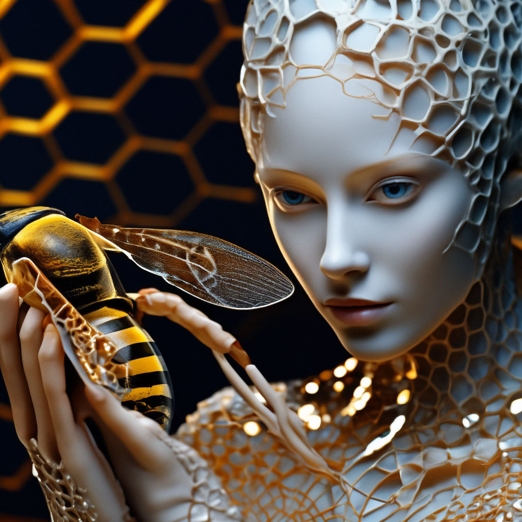 "Beautiful albino alien girl, bee in her hands, dream, face and body ...