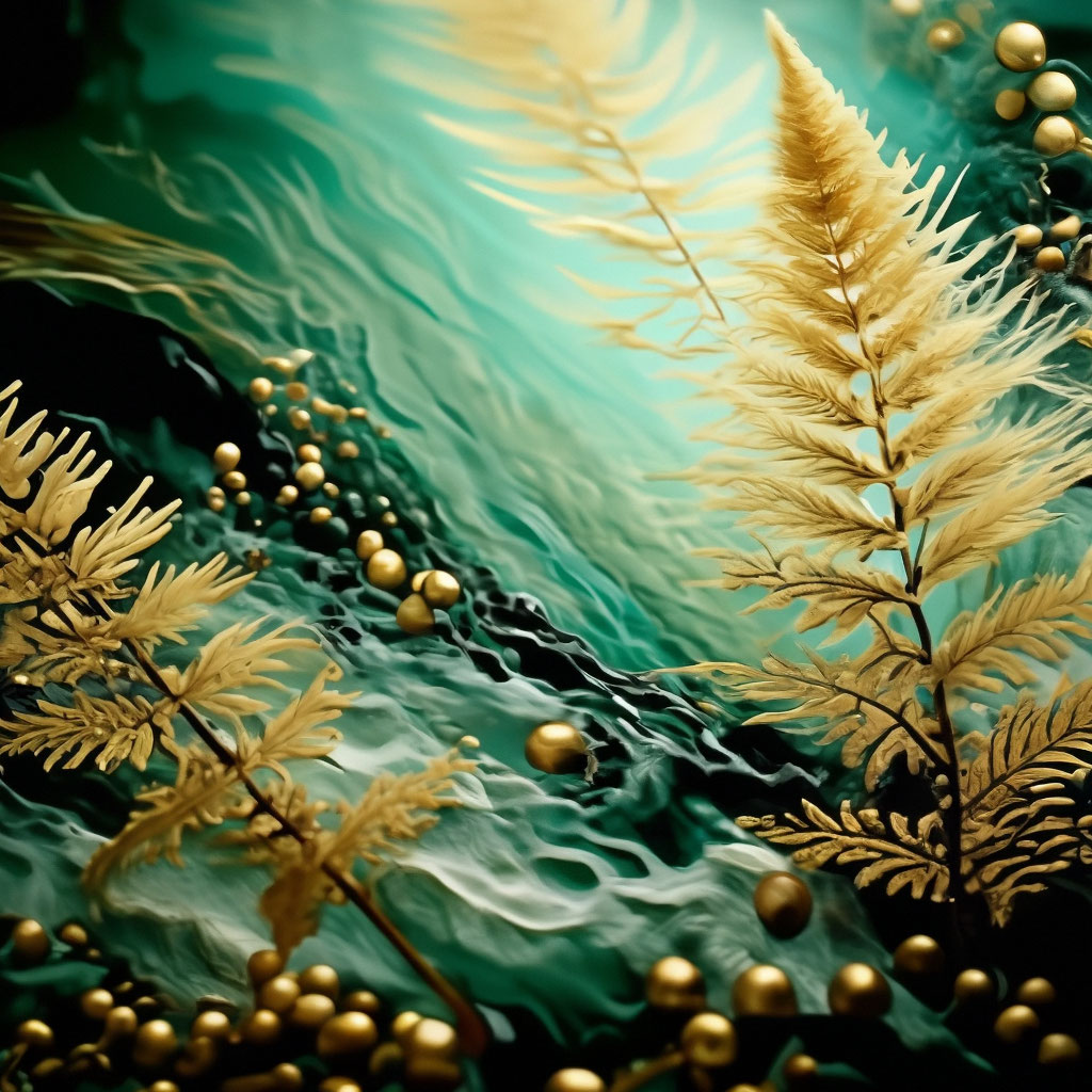 "Black and mint ink, liquid brass, fern fractals, airy threads ...