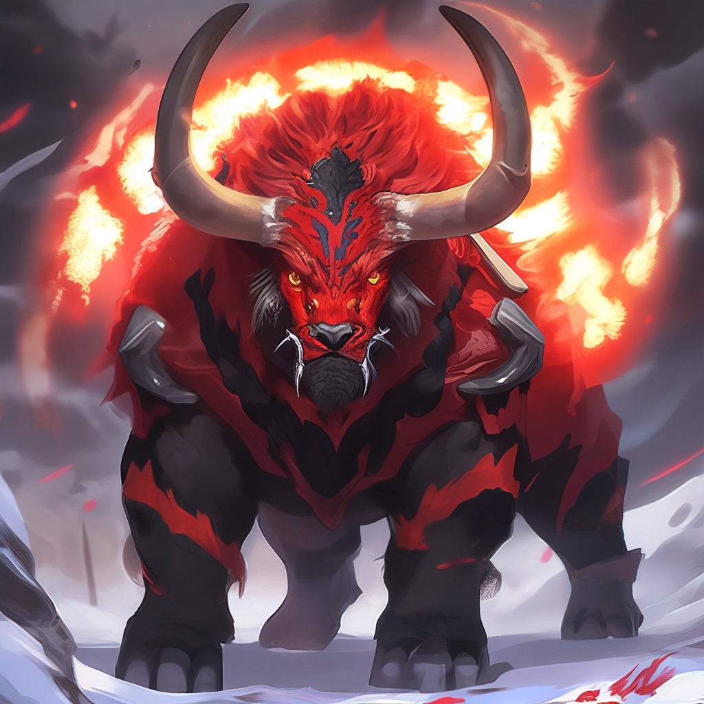 "Thunderbolt, monsuno, huge bison, red bison, black horns, powerful ...