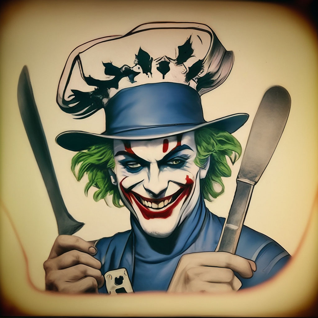 "Tattoo of the joker's face in a chef's hat, a skimmer and a knife ...