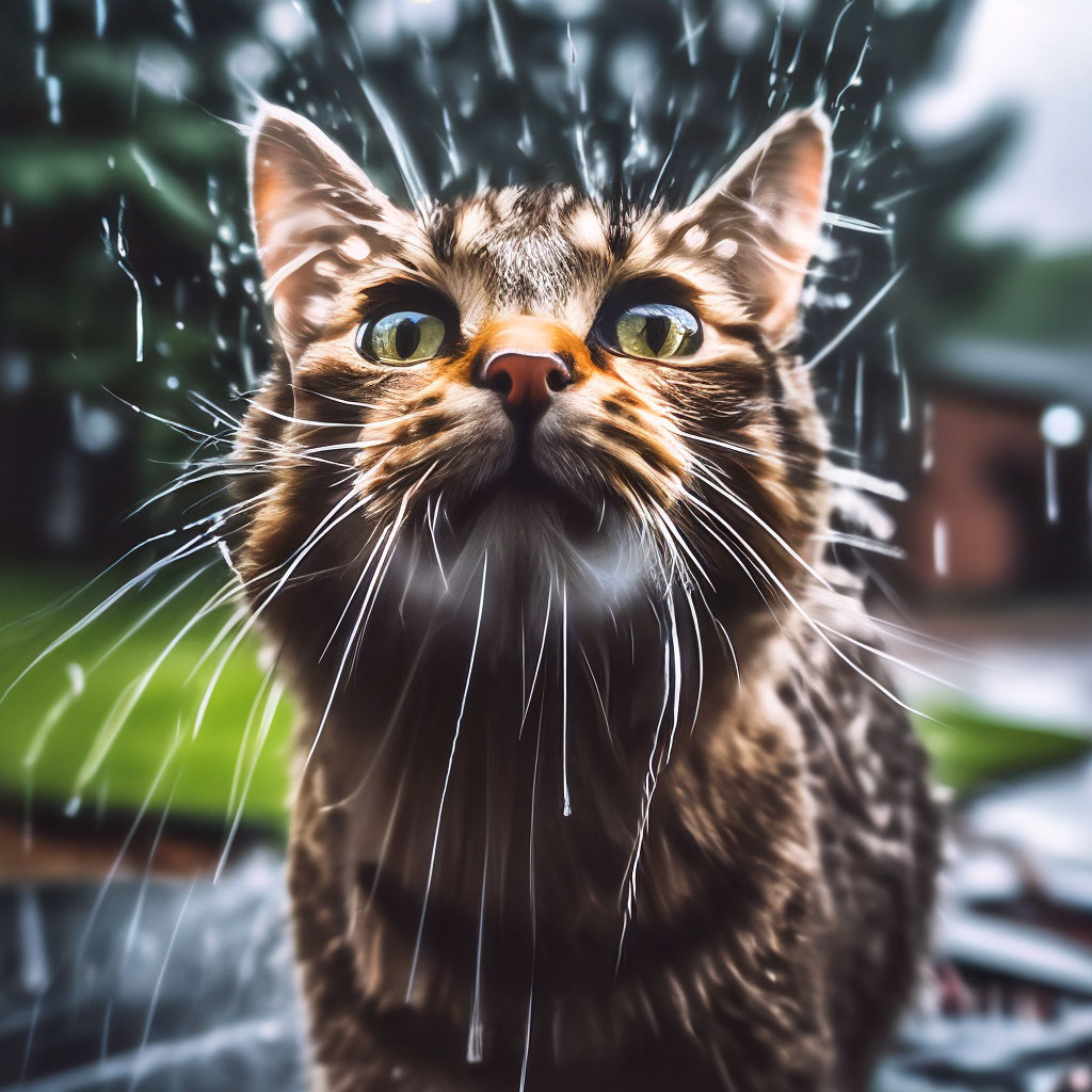 "Cat, rain, strong wind, trees bend, drops, splashes, aesthetically ...