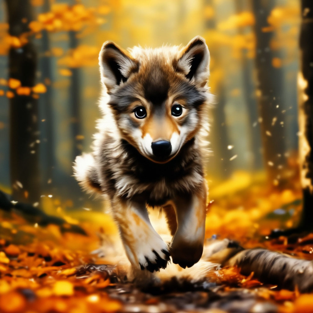 "A cute wolf cub runs through the golden forest" — image created in ...