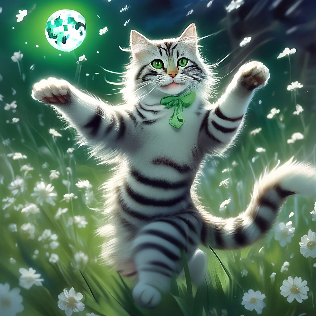 "Dancing striped cat, raises its paws high, tail develops in the wind ...