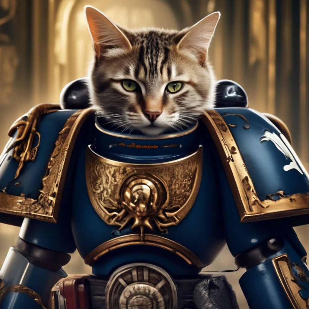 "Warhammer 40,000 and the cat" — image created in Shedevrum