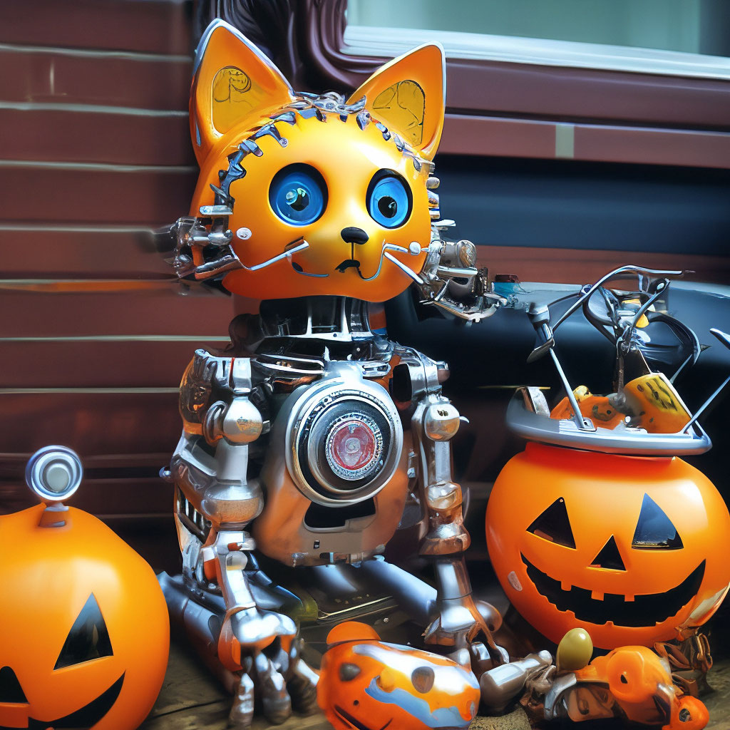 "🎃Helloween,anthropomorph,cat,portrait,pumpkin,biorobot,exoskeleton ...