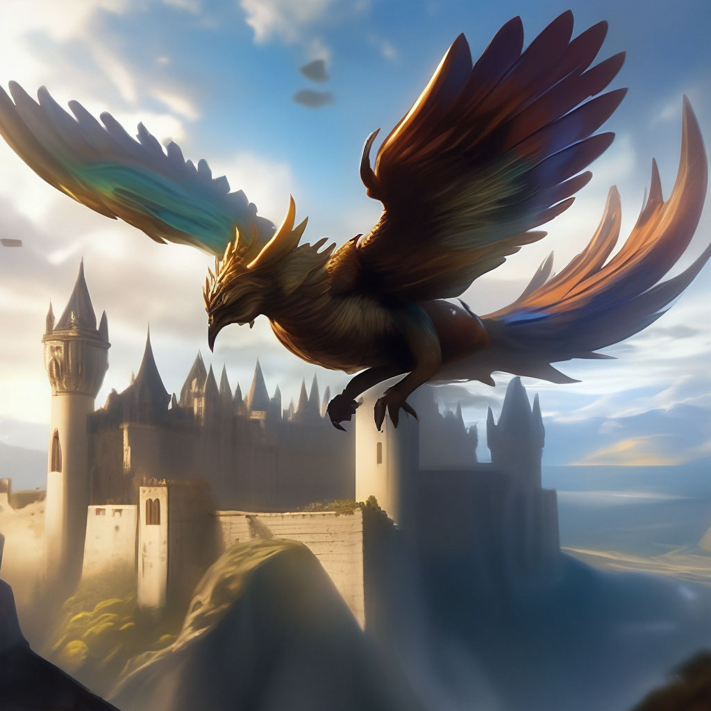 "Quezal bird, in flight, over the castle, element of the middle ages ...