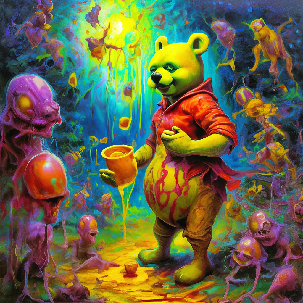 "Painting,realism,Mad zombie Vinnie The Pooh-man holds honey in a dark ...