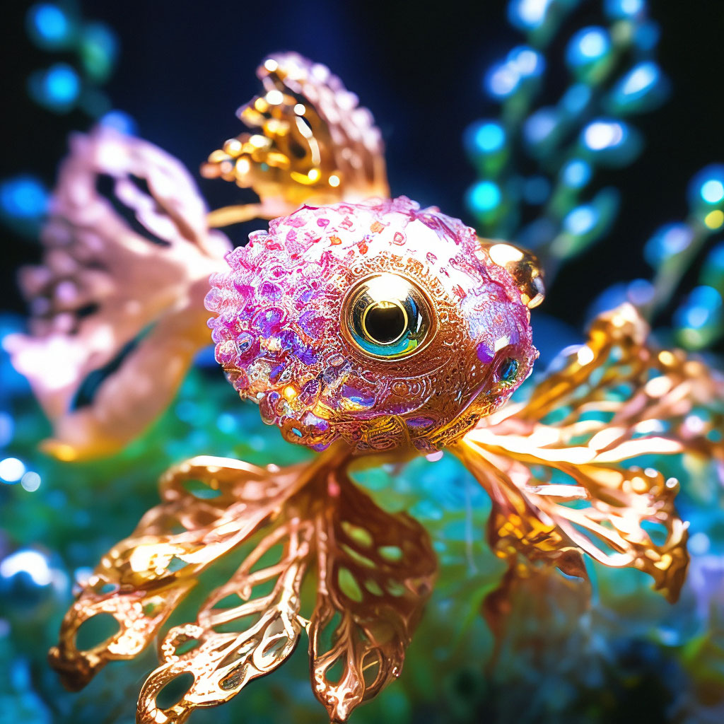 "In a large round aquarium, a goldfish. fish eye pink mother-of-pearl ...