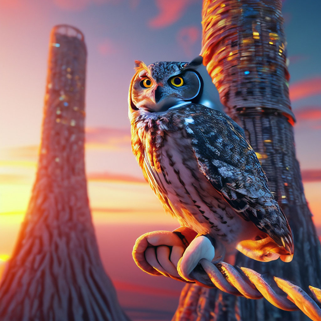 "Owl walks on a thin rope stretched between two tall towers, dangerous ...