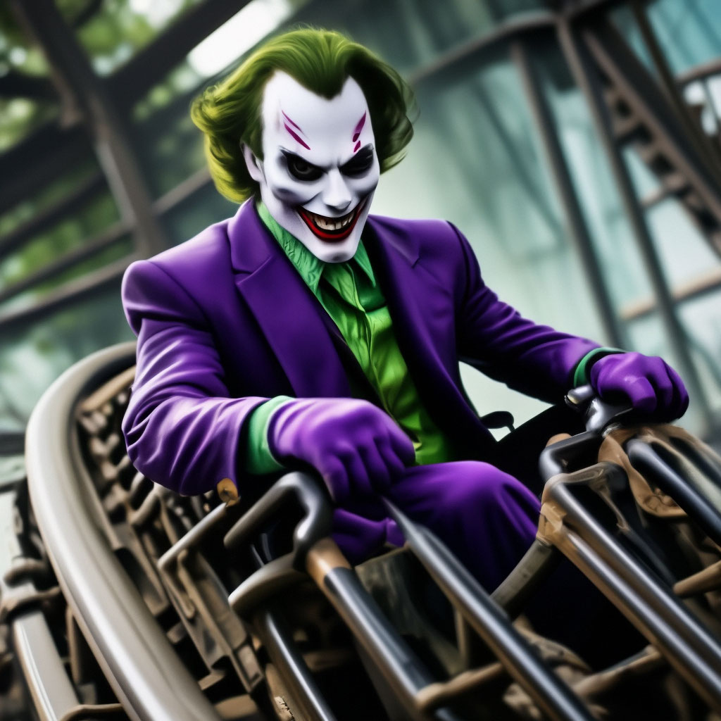 "The Joker rides the Grim DC Amusement Park ride" — image created in ...