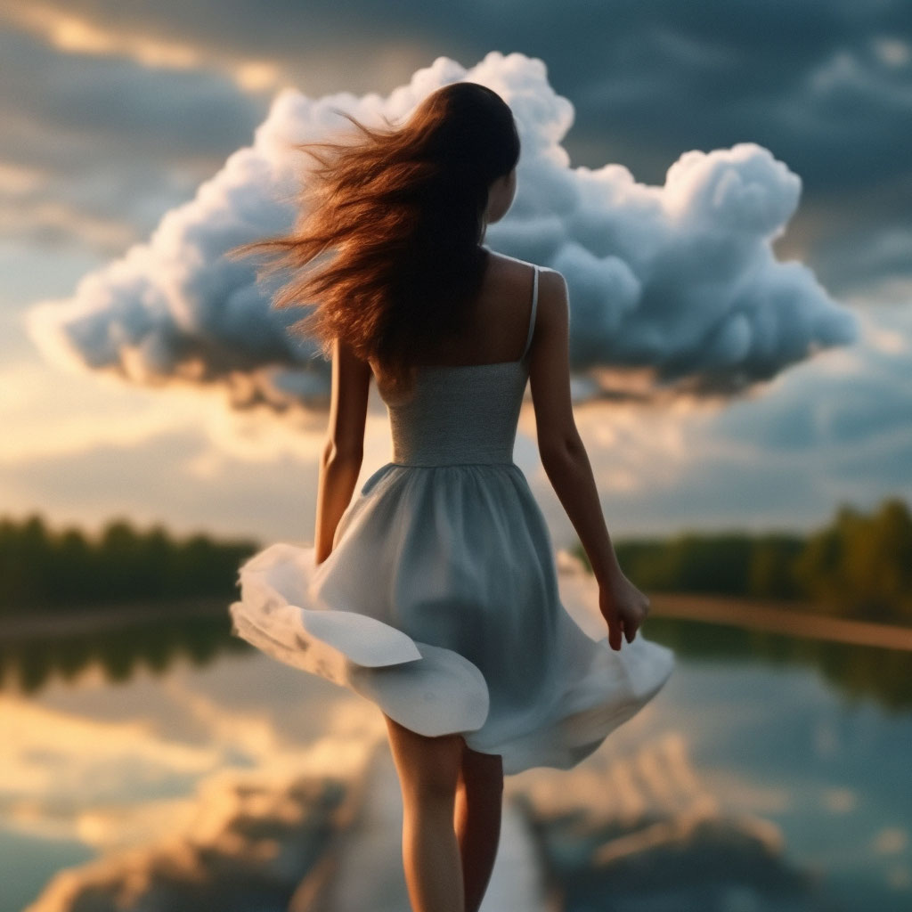 "An anthropomorphic cloud runs across the sky, a girl walks down to the ...