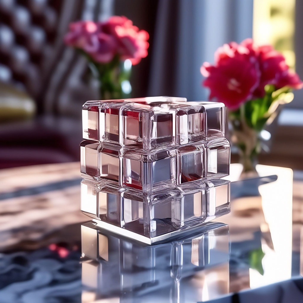"Crystal rubik's cube on a marble table with flowers, aesthetically ...