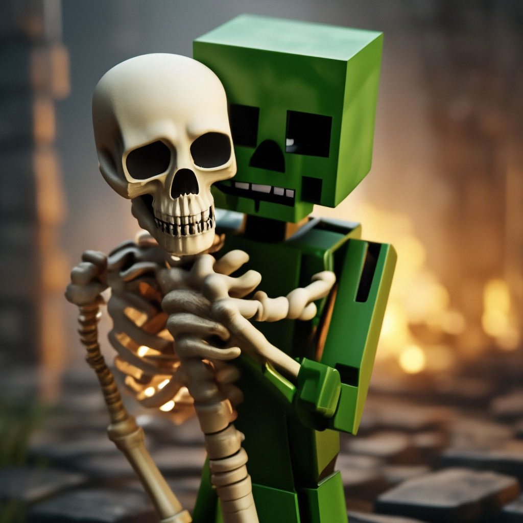 "Creeper hugs skeleton" — image created in Shedevrum