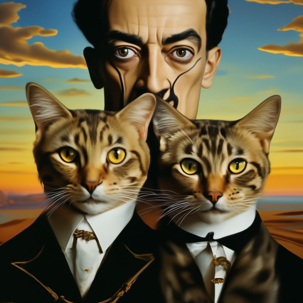 "Salvador Dali Portrait in the style of Dali , 2 cats instead of a ...