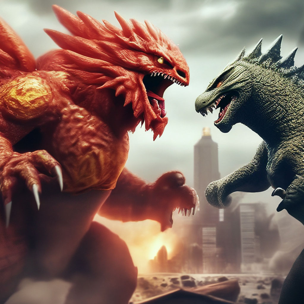 "The Demon Chicken from KFC vs Godzilla" — image created in Shedevrum