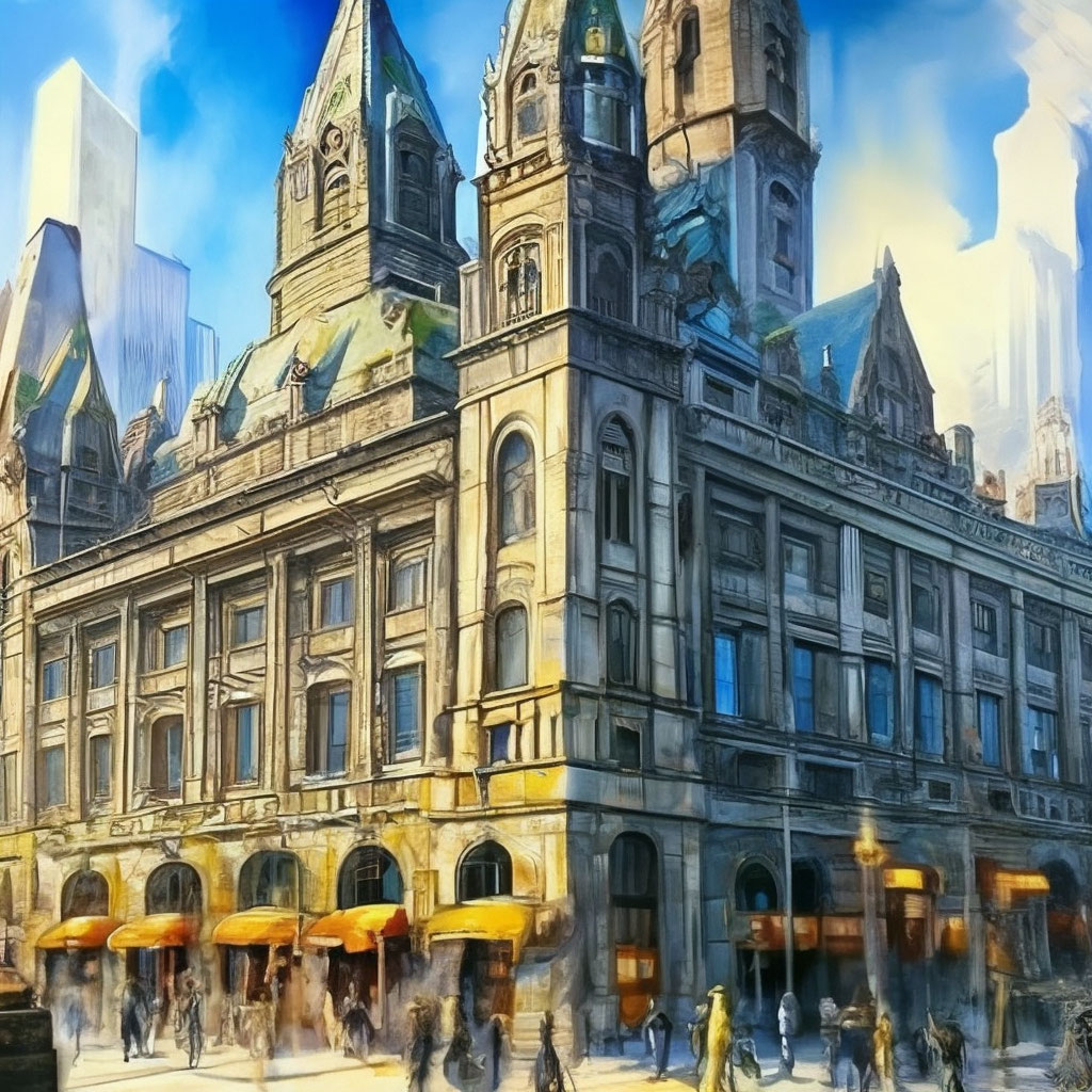 "Carnegie Hall, watercolor, fine drawing, bright, professional ...
