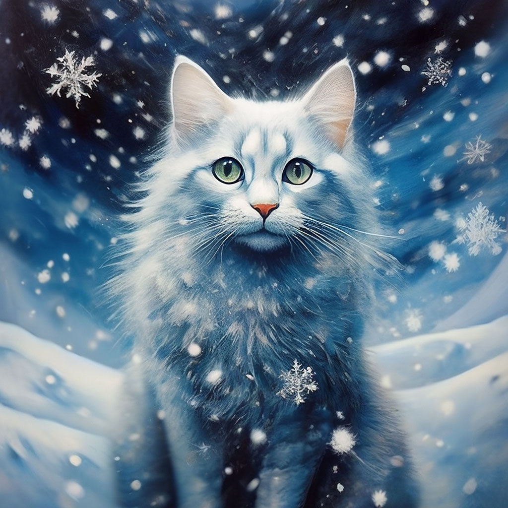 "Surrealism. snowflakes and a cat" — image created in Shedevrum