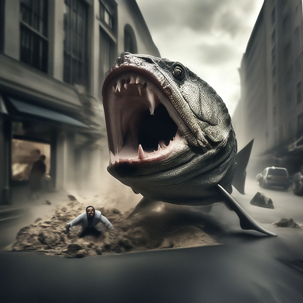 "A big man-eating fish bursts out of the ground in the middle of the ...
