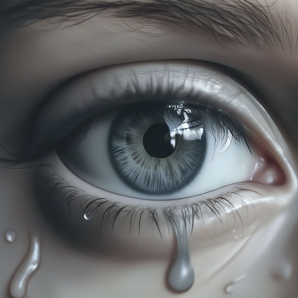 realistic gray eyes, tears in the eyes" — image created in Shedevrum