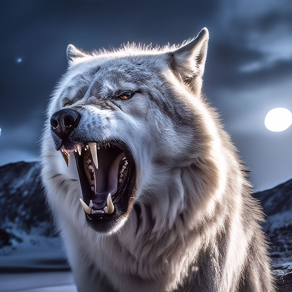 "A huge white wolf, a lone wolf, side view, full height, wide angle, in ...