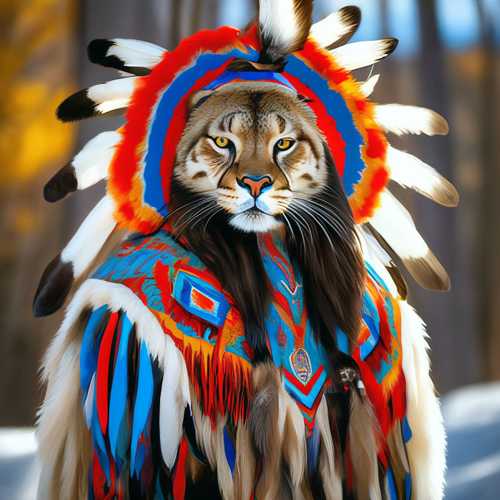 "Puma of North America in national costume, bright plumage of the Sioux ...