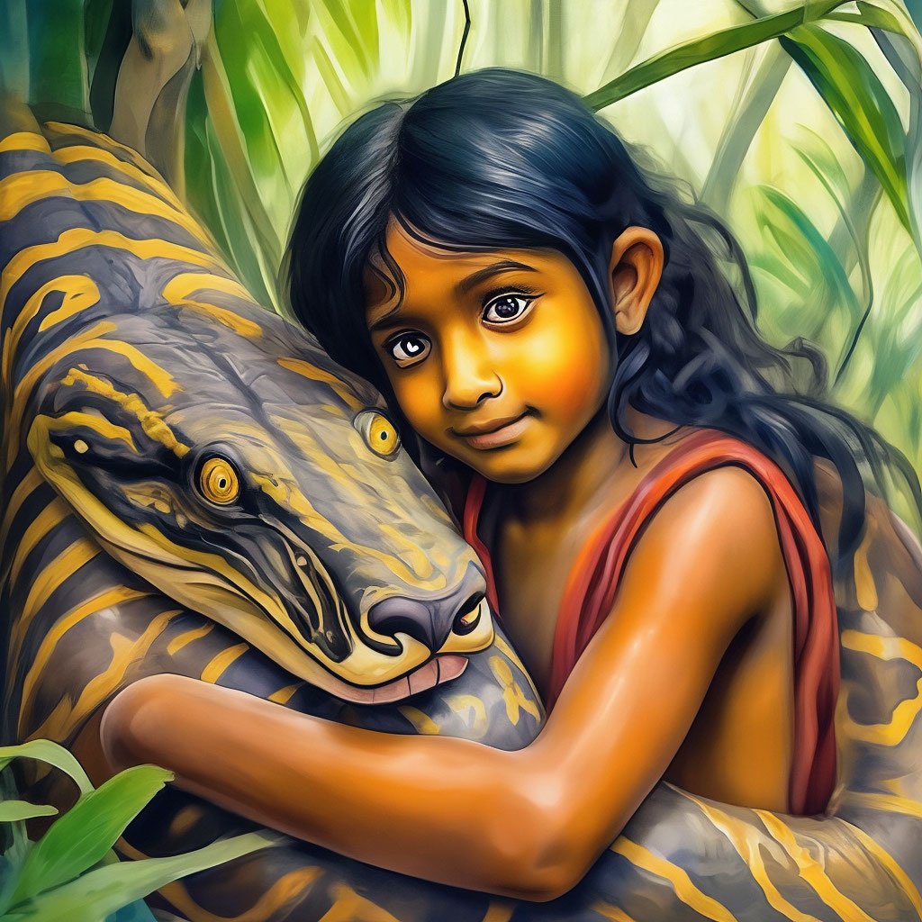 "India Mowgli in the arms of a huge python jungle illustration, drawing ...
