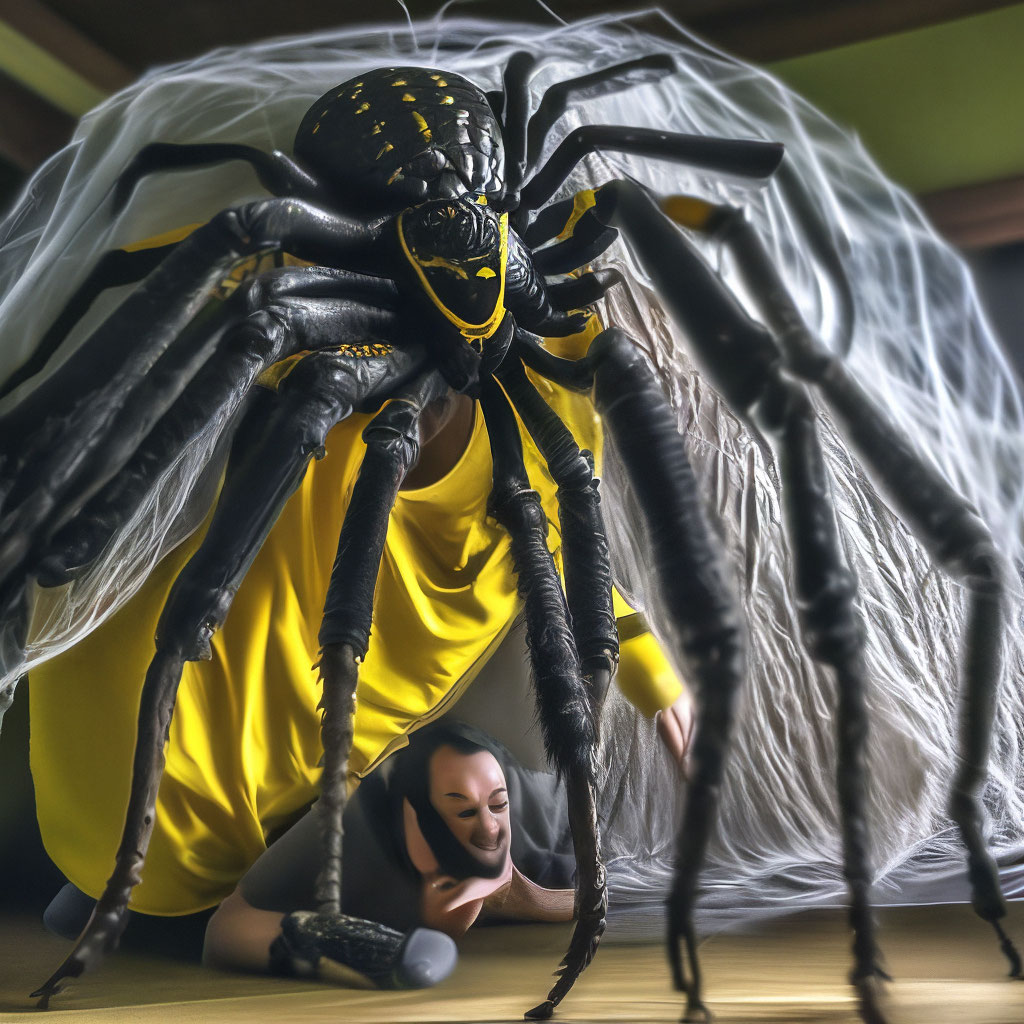 "A huge black and yellow spider rolls up, twists, wraps a man in a ...